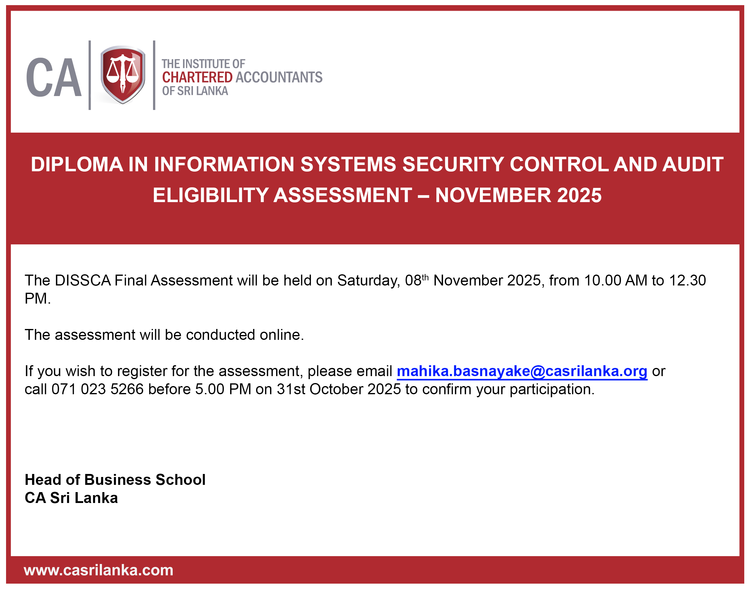 Diploma in Information Systems Security Control and Audit Eligibility Assessment – November 2025